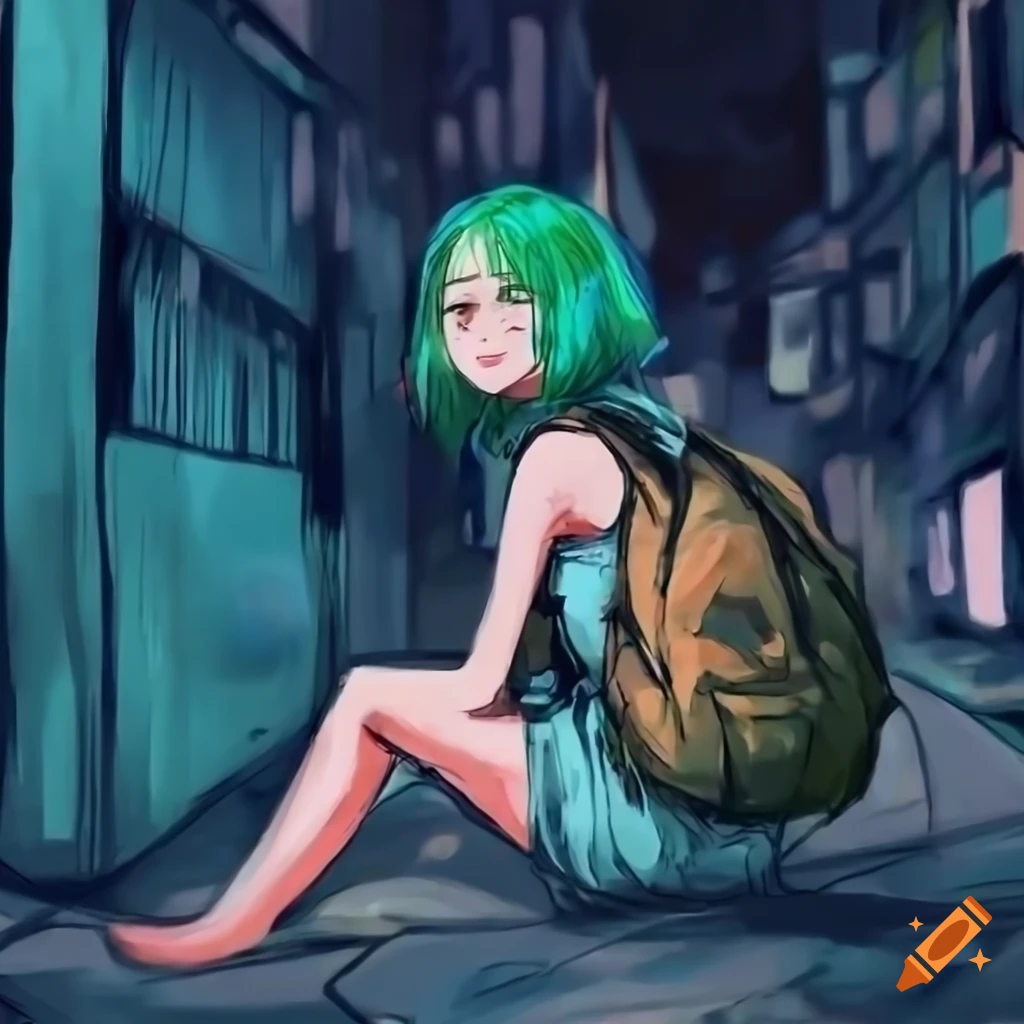 Young traveler with emerald hair color crying on a Japanese street on ...
