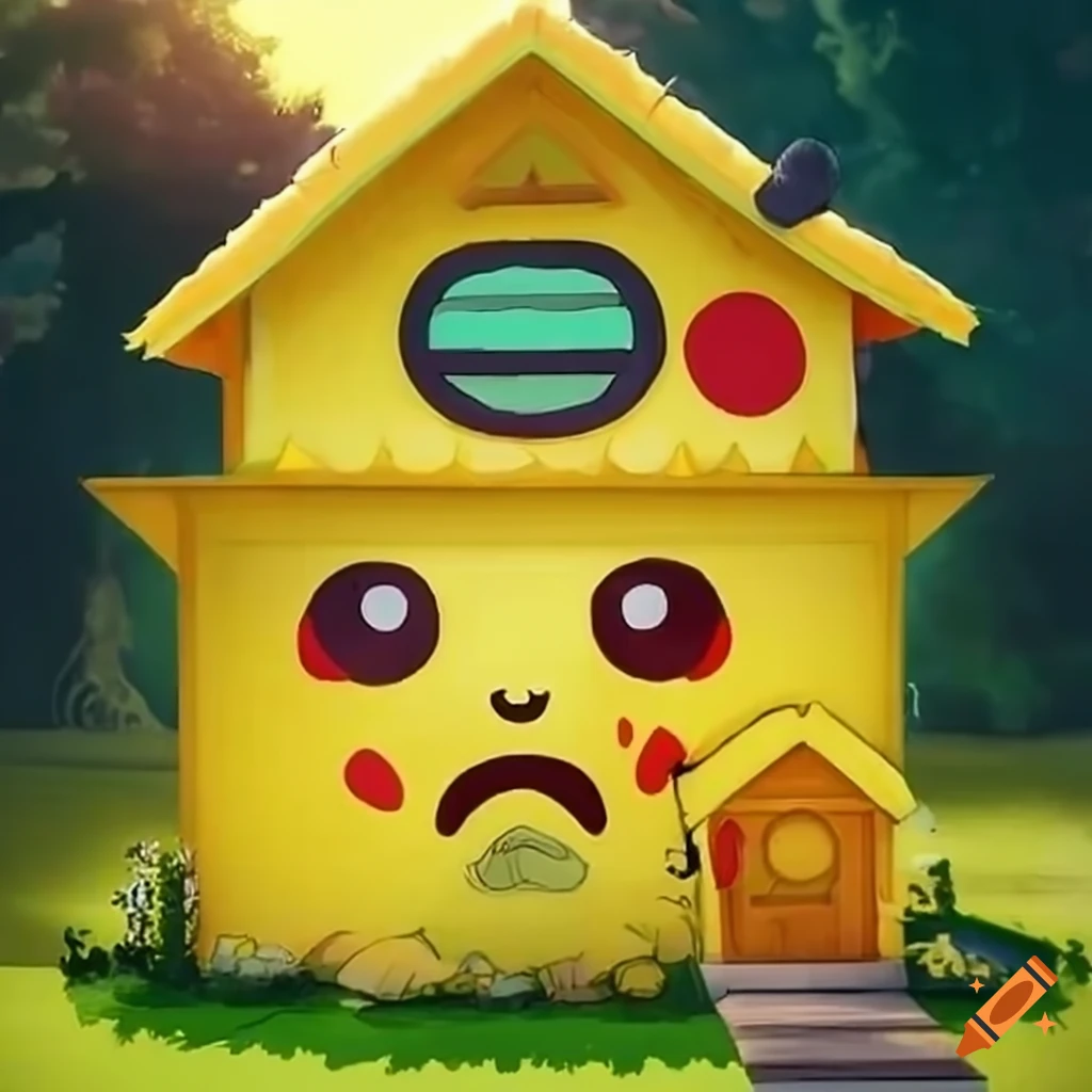 Pikachu-themed cute yellow house with pikachu face painted on it on Craiyon