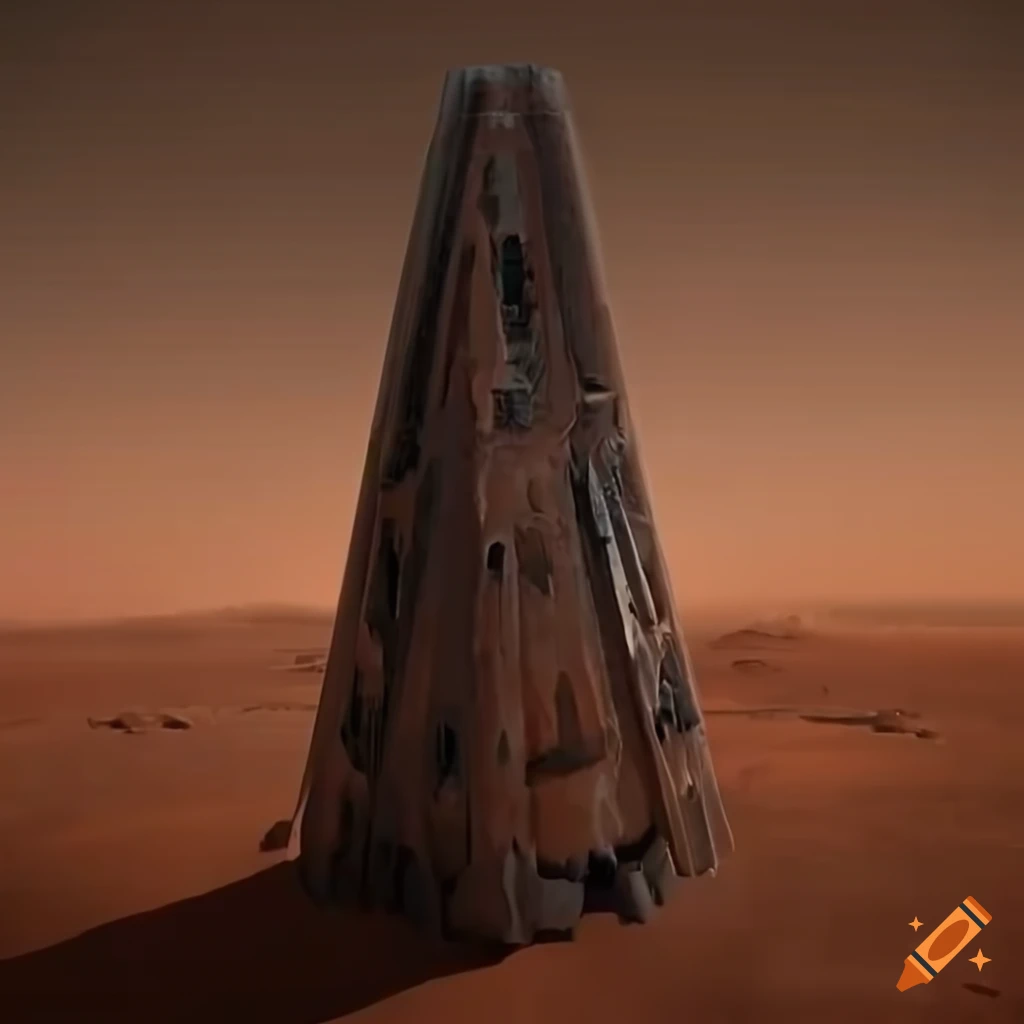 Three cybernetic pillars on mars dusty surface in hyper realistic 8k ...