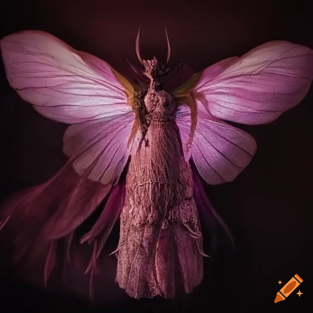 Fae with moth wings surrounded by pink mist in a fantasy setting on Craiyon