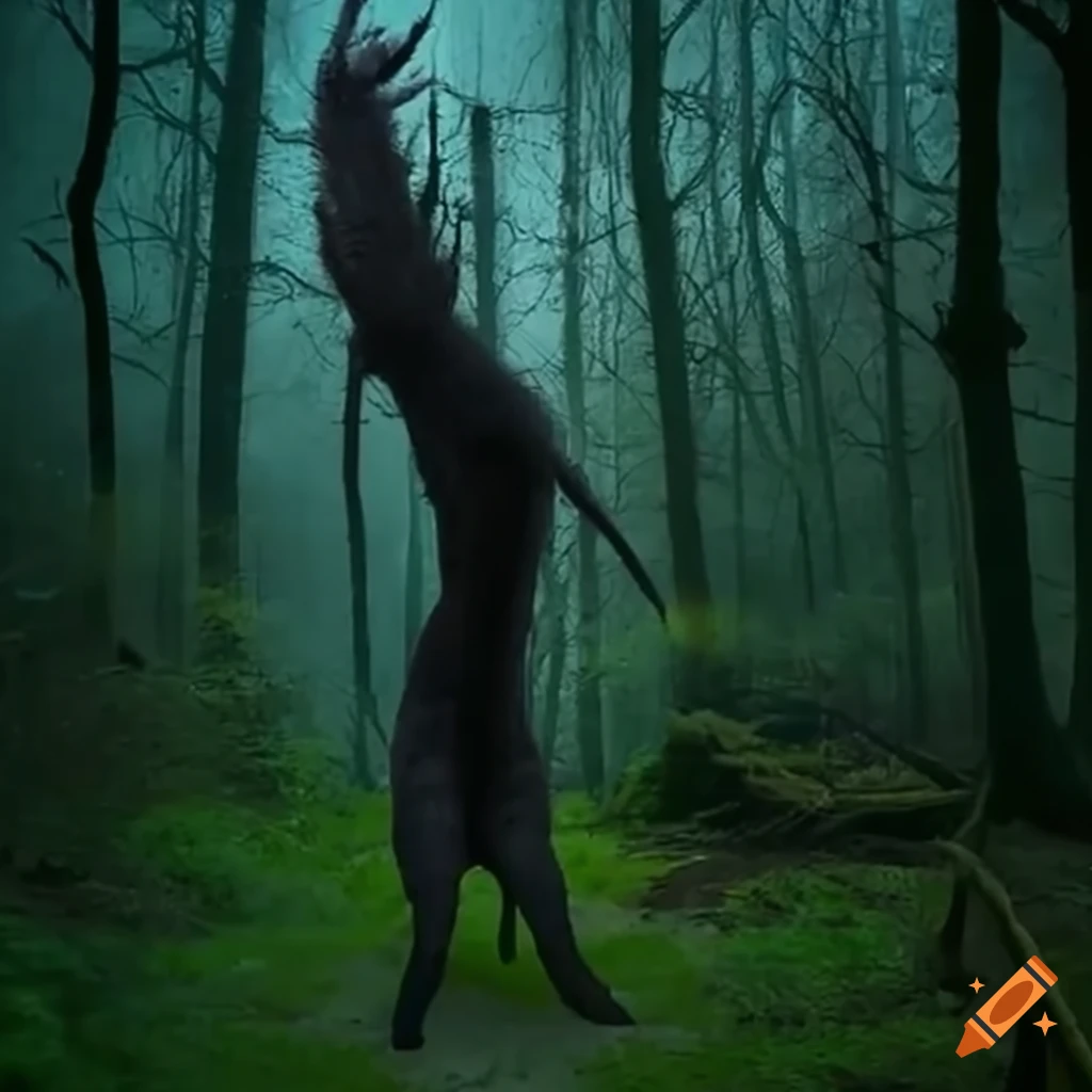 Trail camera footage of a mysterious tall creature in the woods on Craiyon