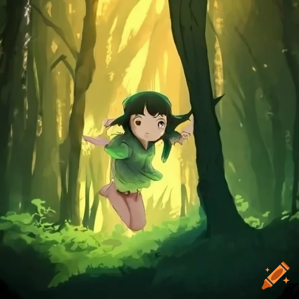 Studio ghibli style goblin running through forest on Craiyon