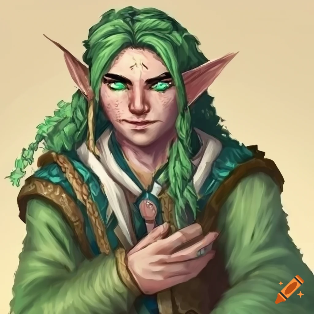 Young druid elf man with long braided hair, elf ears, and small stubble ...