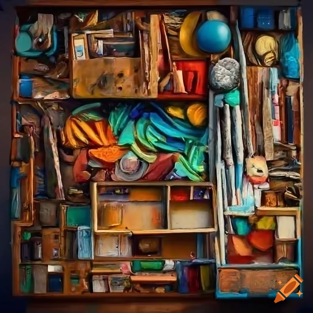 Impressionist painting depicting a cluttered junk drawer from above on ...