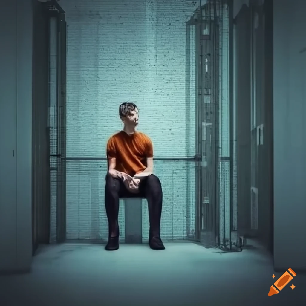 Man sitting in a minimalist high-tech prison cell with large screens on ...