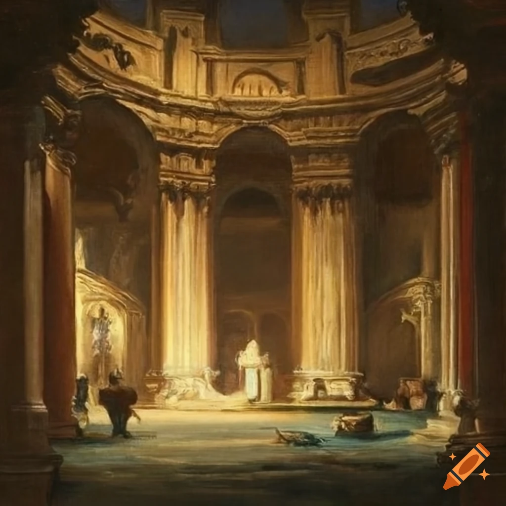 Neoclassical roman ruins with a lovely sky and lanterns under nordic ...