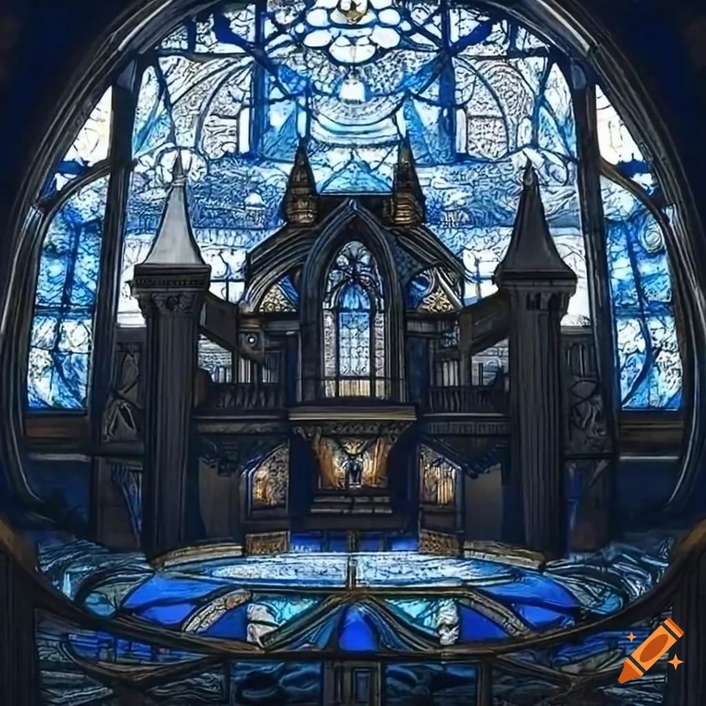 Castle surrounded by tall trees with intricate stained-glass windows on ...