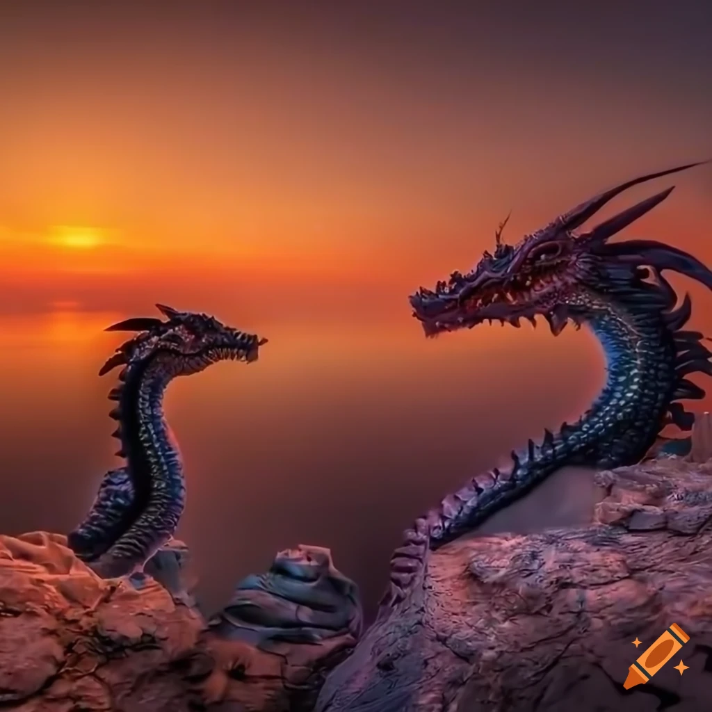 Benevolent dragons at sunset in high definition realism on Craiyon