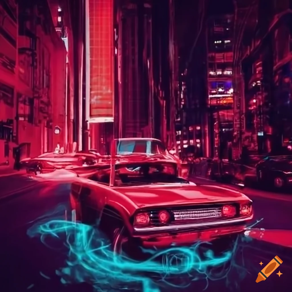Retro city with cars and vibrant red light beams on Craiyon
