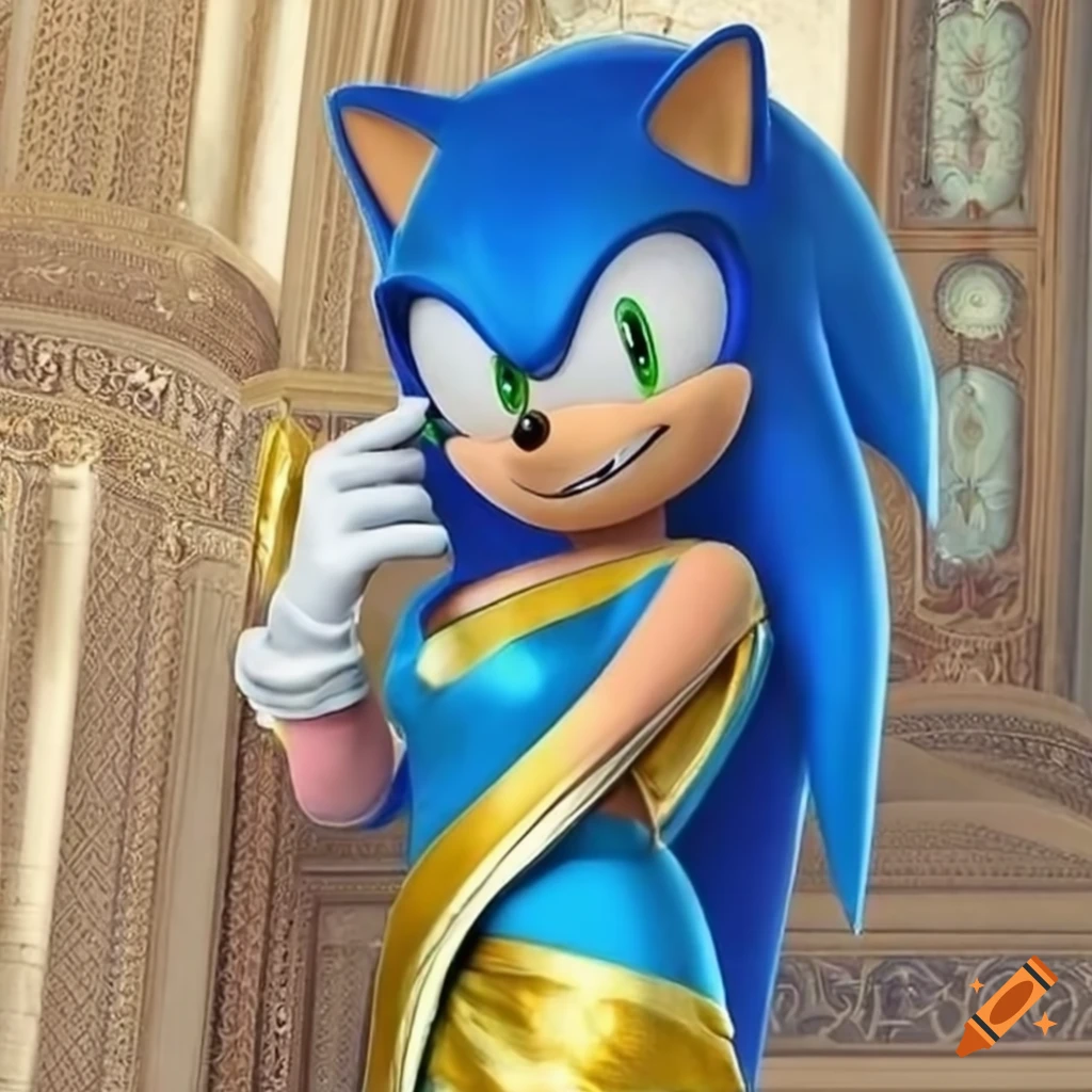 Female sonic the hedgehog wearing a blue and gold saree in a palace ...