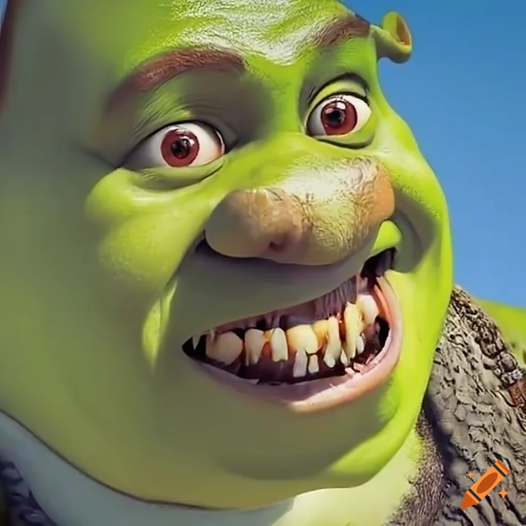 Shrek showing his teeth to an egg delivery man on Craiyon