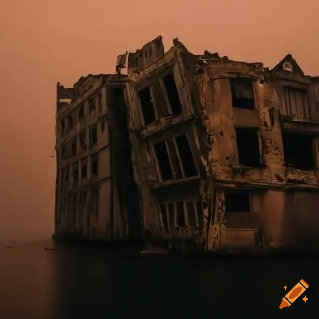 Abandoned buildings sinking into ocean in a pale orange fog on Craiyon