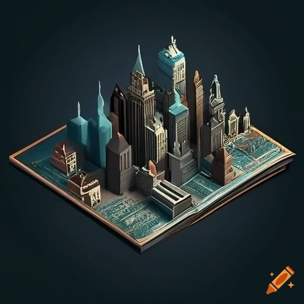 Isometric 3D images of New York emerging from an open history book with ...