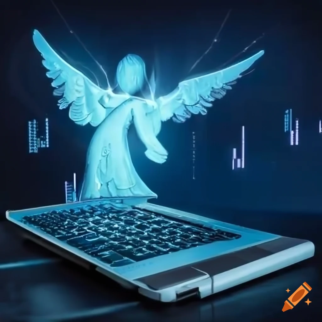 Angel analyzing stock market trends on a computer on Craiyon