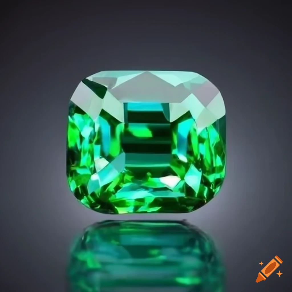 Vivid green gemstone on display in a high-tech museum on Craiyon