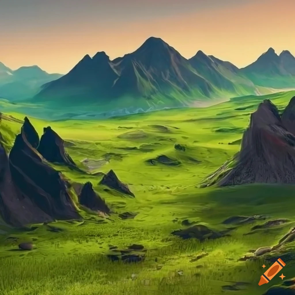 Highly detailed small mountain ranges in a wide plain of green grass on ...