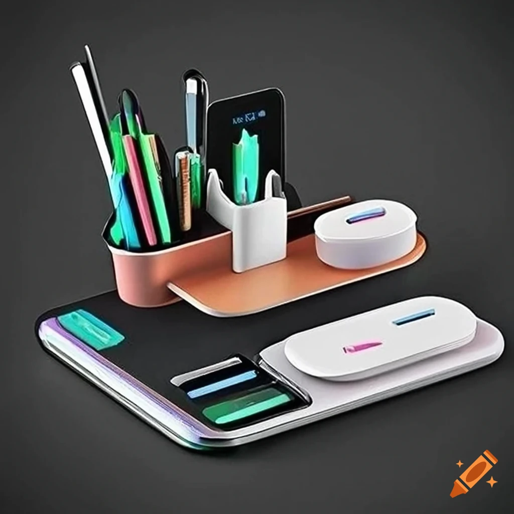 Desk organizer with wireless charging hub for electronic devices on Craiyon