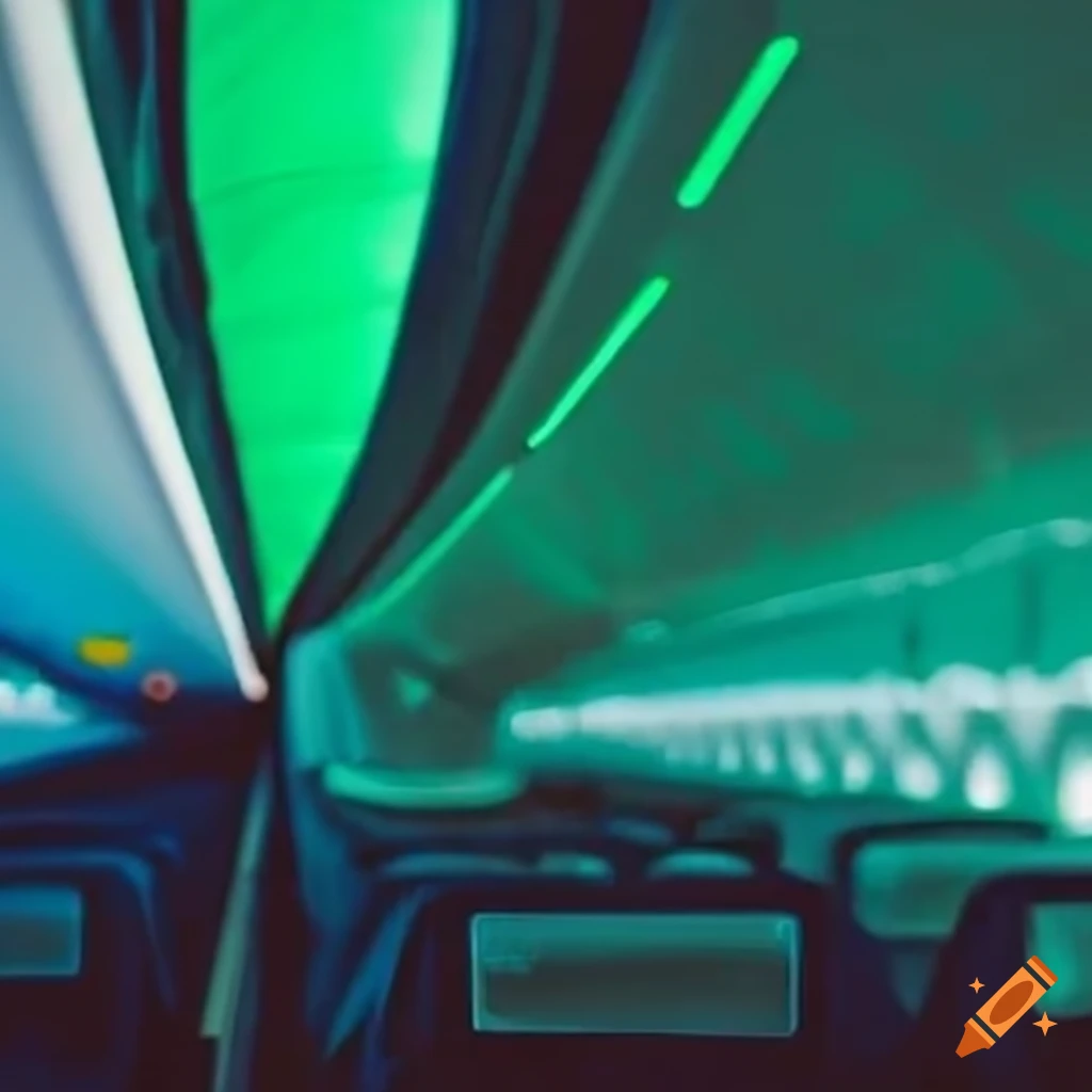 Ambient aircraft cabin with green and blue lights on Craiyon