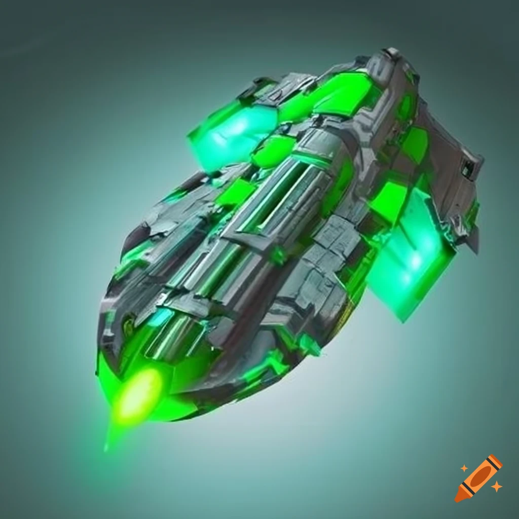 Glowing green and shiny gray spaceship on Craiyon