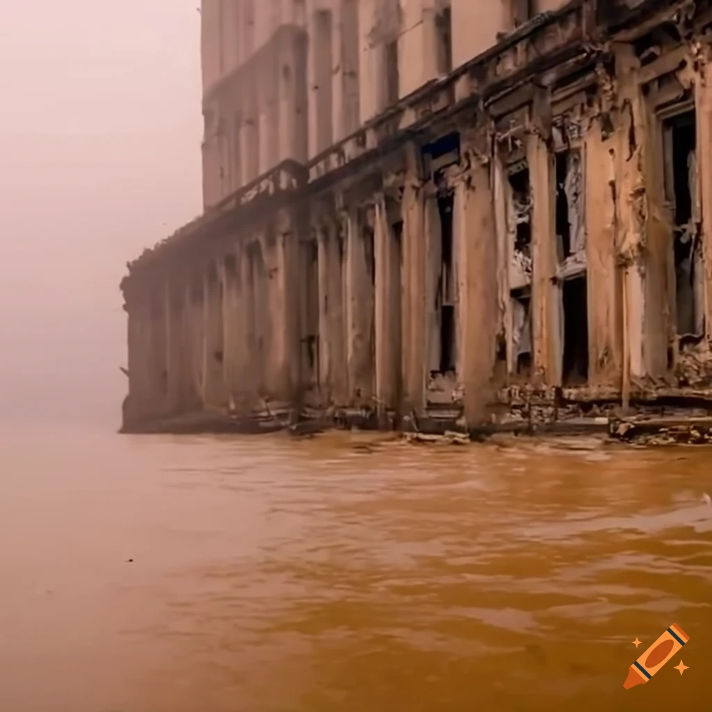 Close-up of abandoned buildings sinking into ocean in a pale orange fog ...