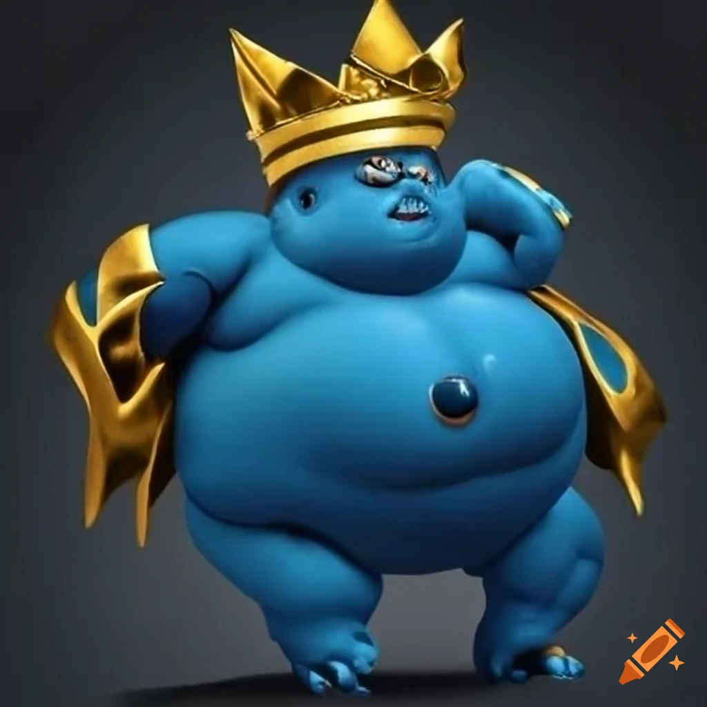 Blue monster with button and normal eye wearing a golden crown on Craiyon