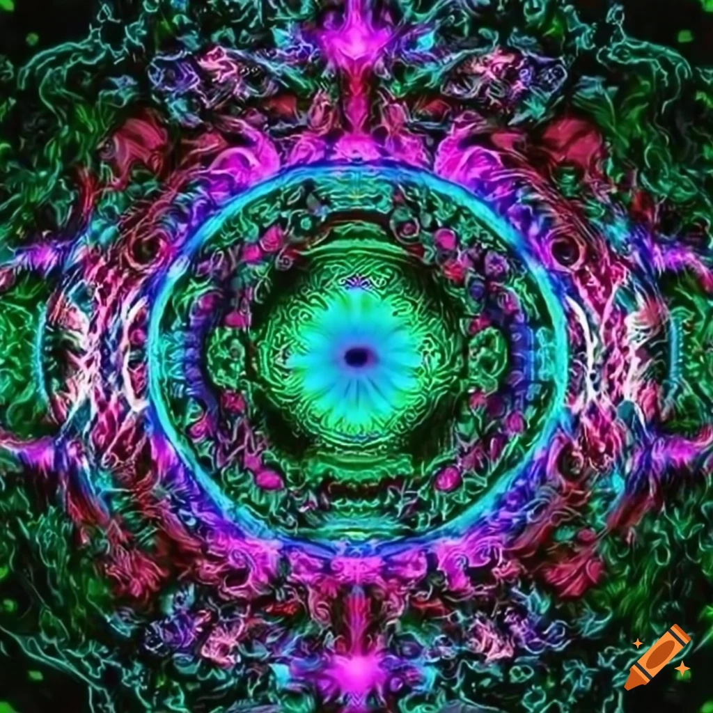 Dramatic psychedelic aztec design in neon colors on Craiyon