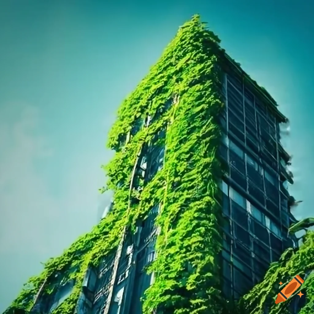 Office building with green vines on one side and pollution on the other ...