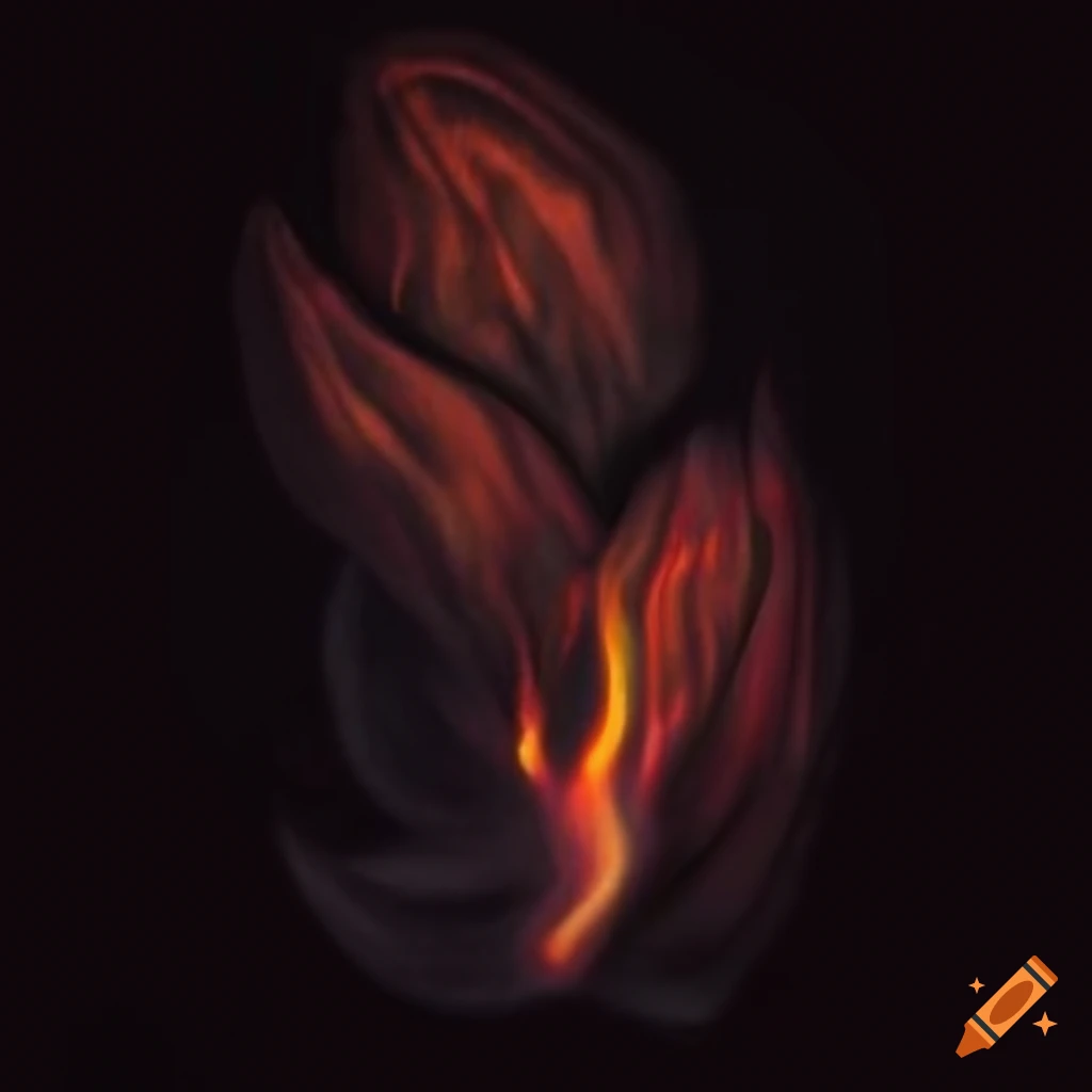 Dark pencil drawing of flame-like plant in charred landscape on Craiyon