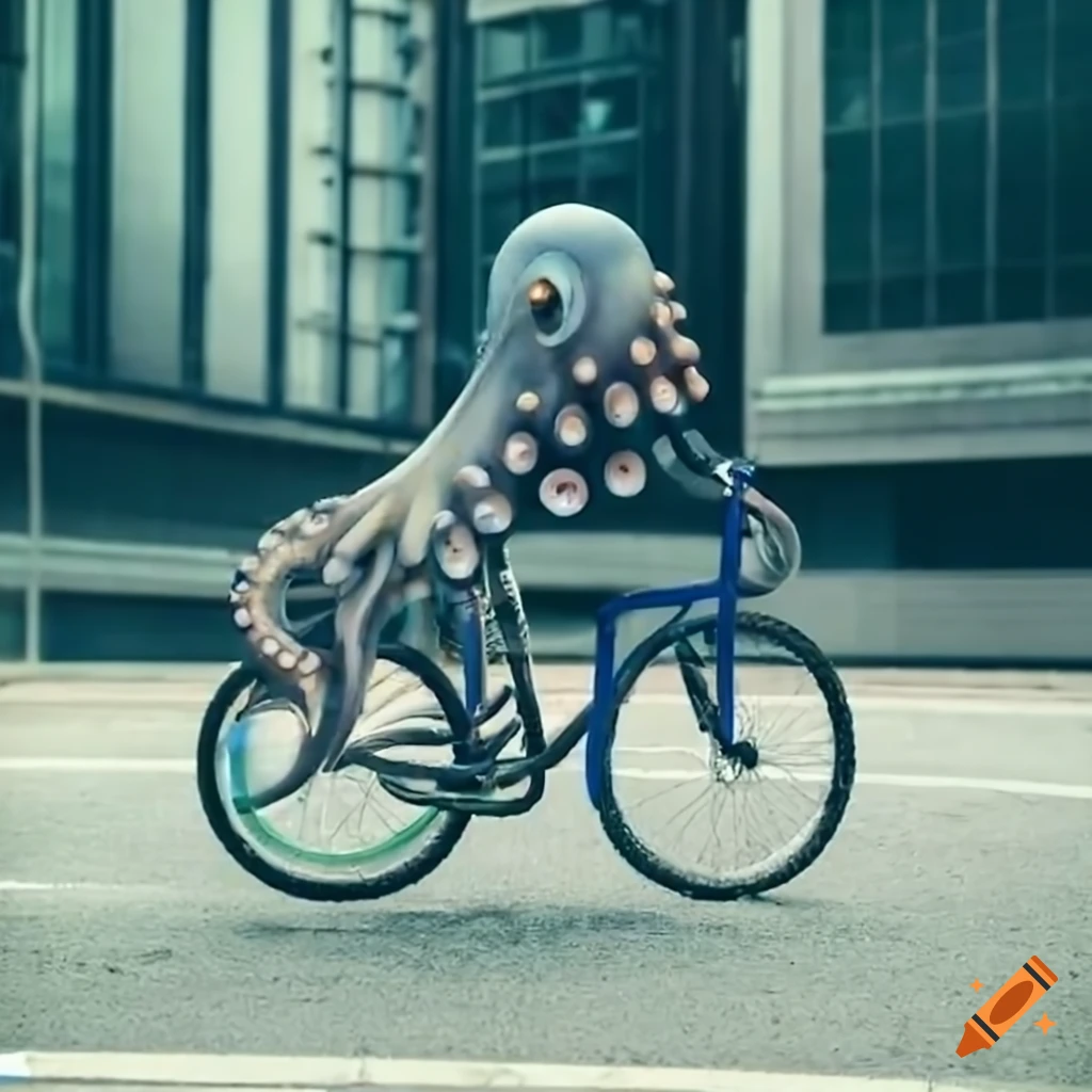 Octopus riding a bike in a car park on Craiyon