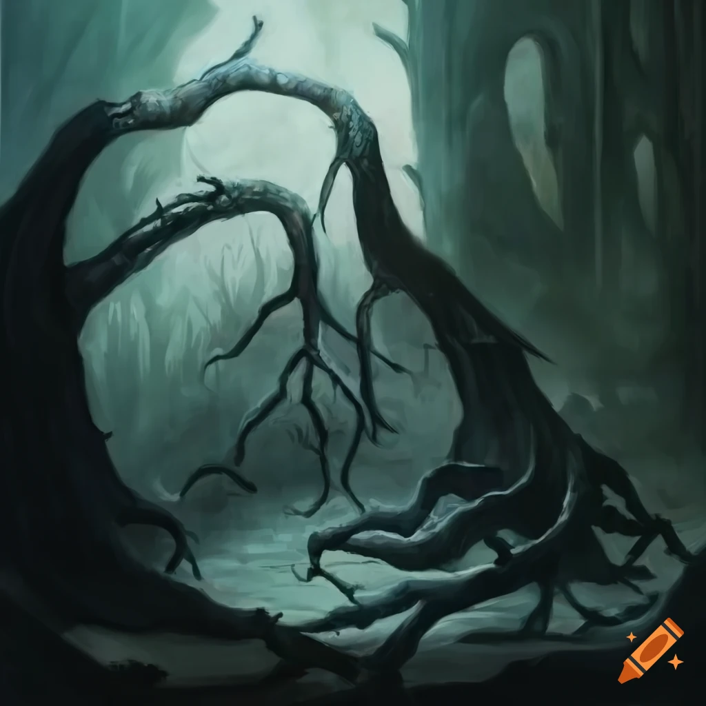 Roots strangling birds in a fantasy art setting on Craiyon