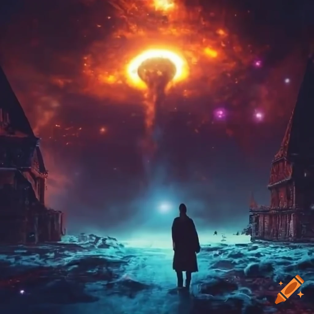 Celestial nuclear explosion illuminating a fantasy village with ...