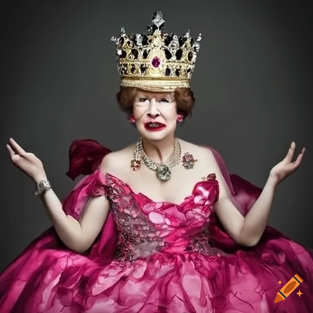 Regal queen wearing an extravagant dress and crown on Craiyon