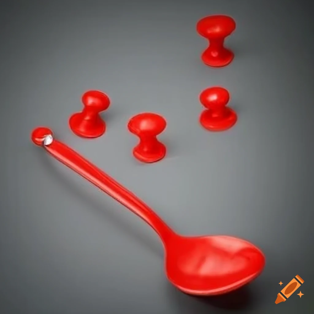 Spoon next to a red thumbtack in a realistic photograph on Craiyon