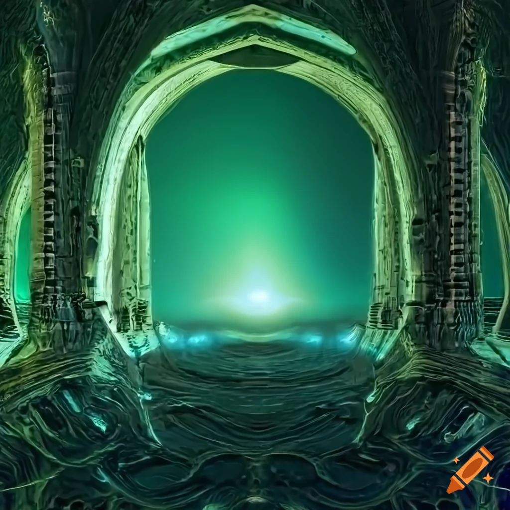 Cybernetic pillars and arches on a green planet surface in 8k ...