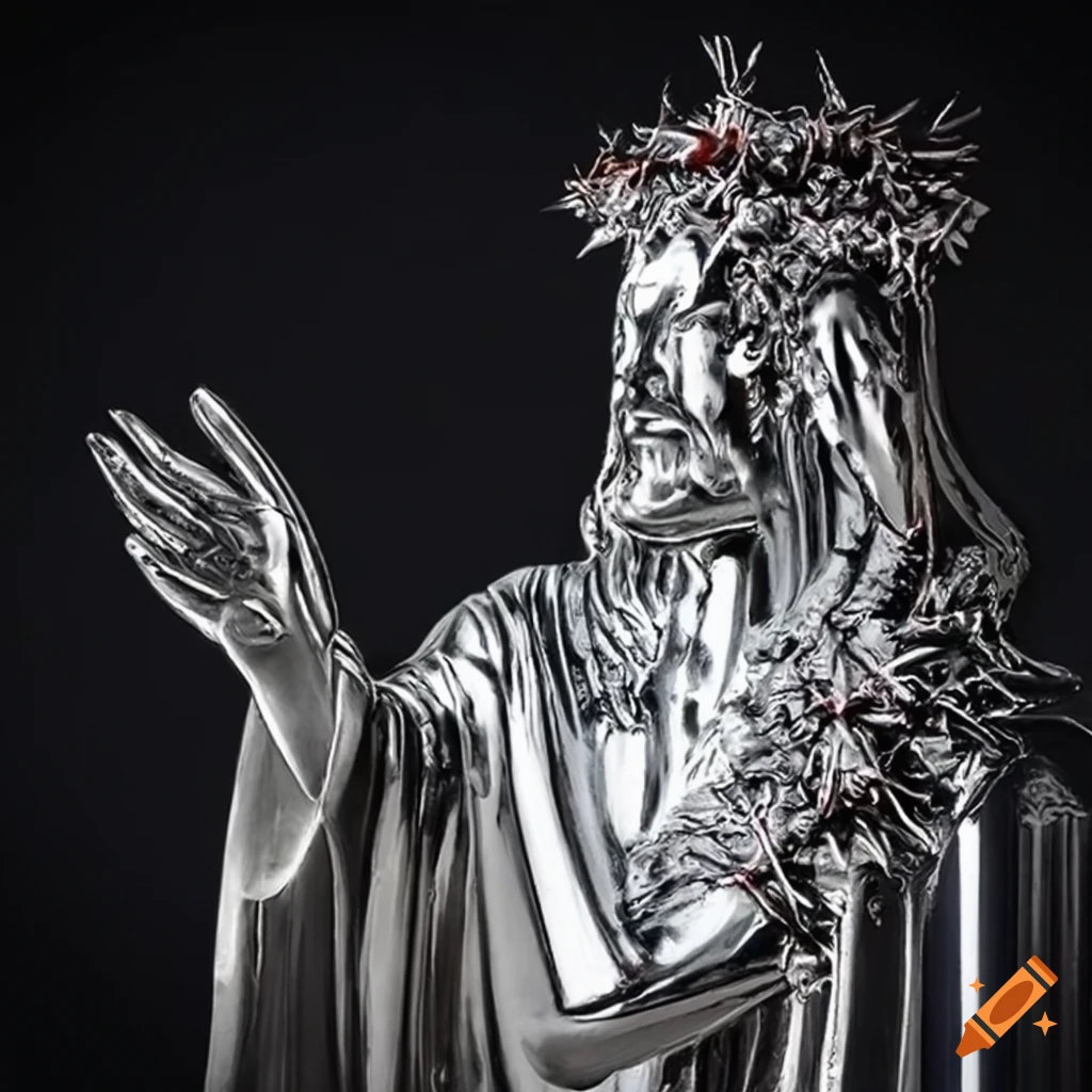 Chrome statue of jesus wearing a thorn crown wreath on Craiyon