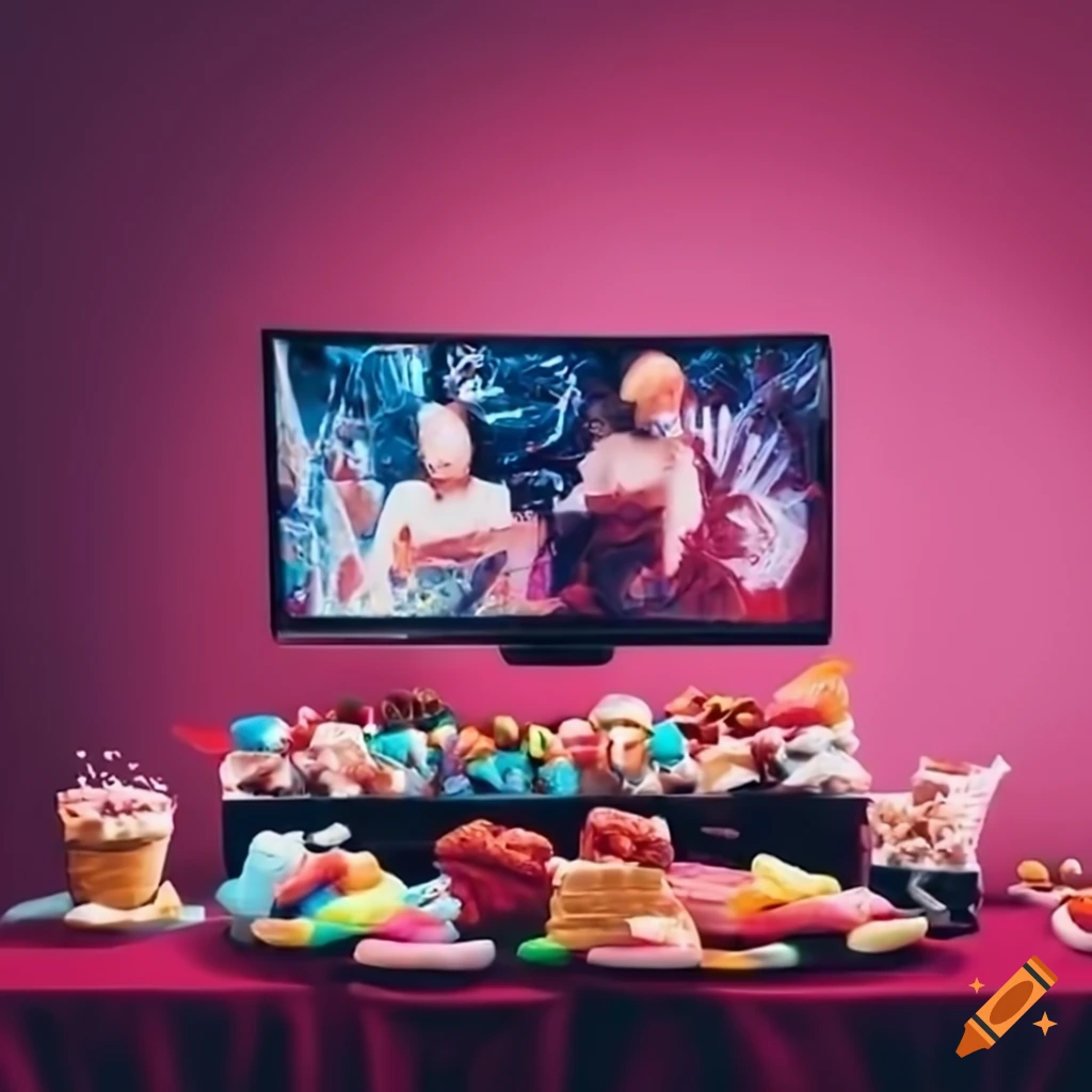 People gathered around a tv for a movie night with a candy party ...
