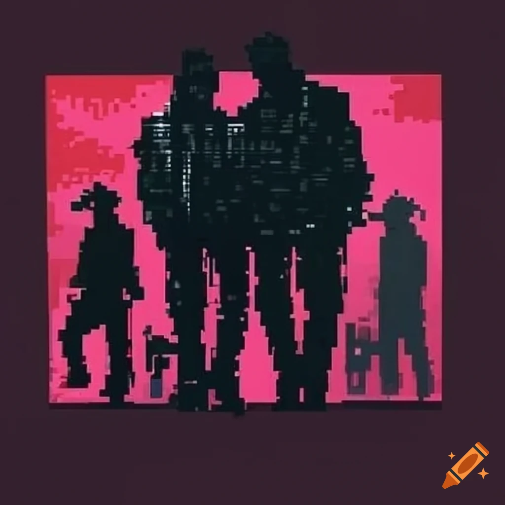 Pixelated silhouette painting of three people with a punk style on Craiyon