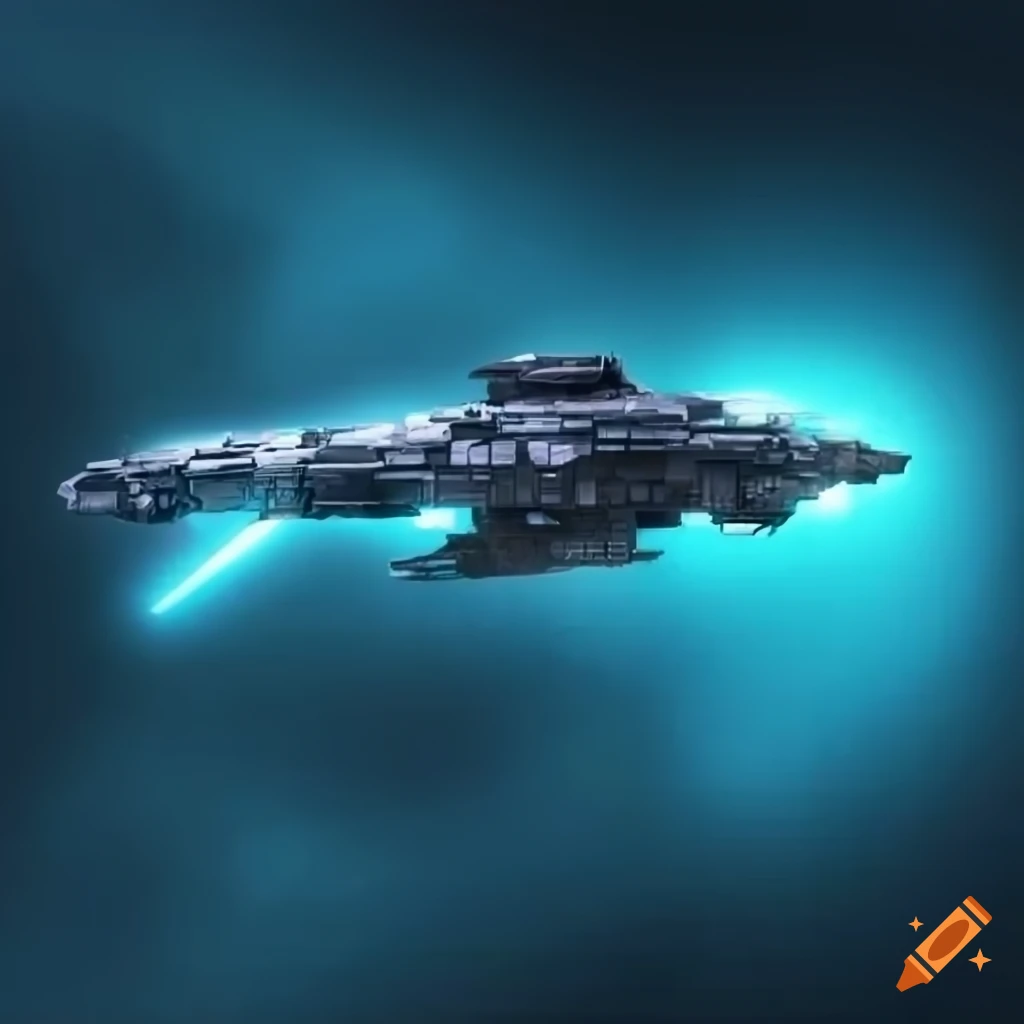 Glowing light blue and gray spaceship with multiple cannons on Craiyon