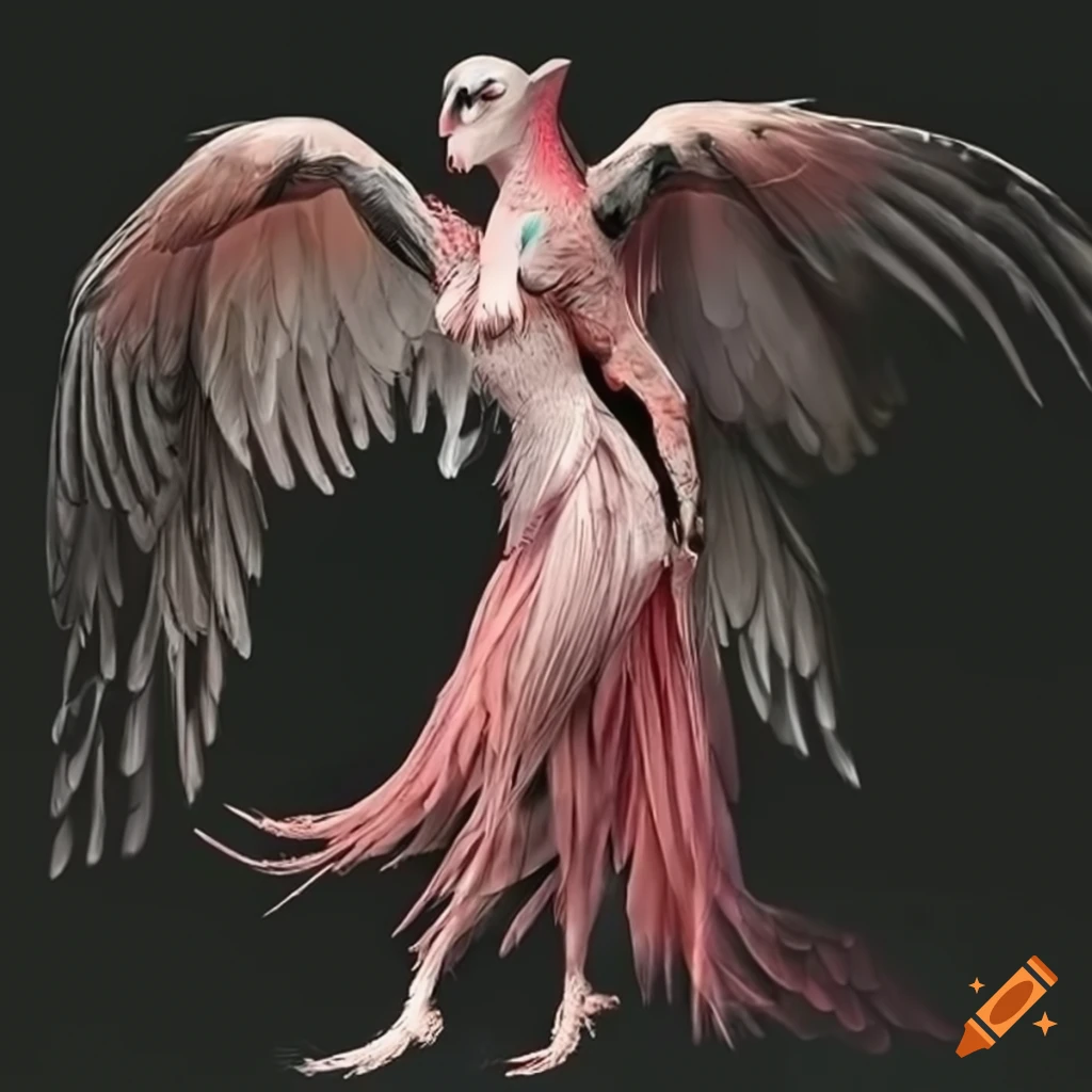 Feathered feminine winged bird humanoid in full body view on Craiyon