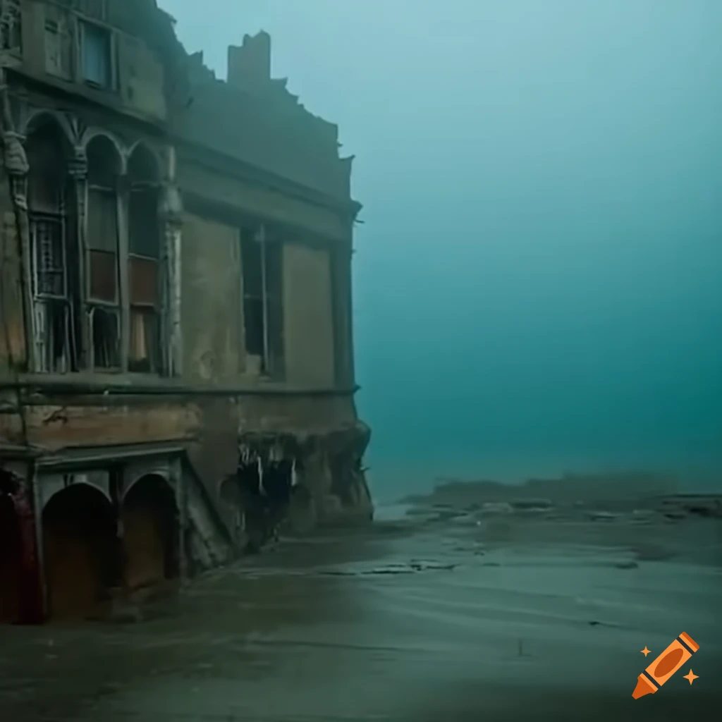 Close-up of abandoned victorian buildings sinking into ocean in pale ...