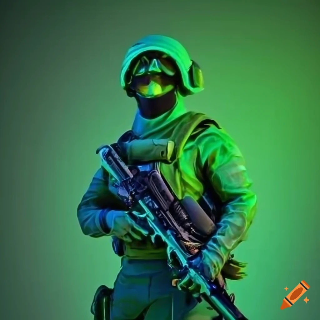 Lime man in tactical gear in front of neon green outlined Volkswagen ...