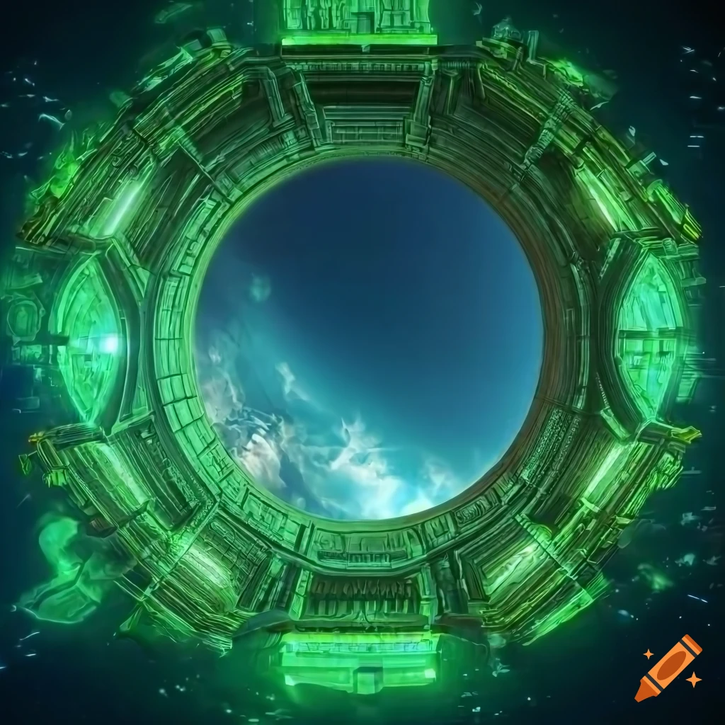 Cybernetic pillars and arches in front of a stargate on a green planet ...