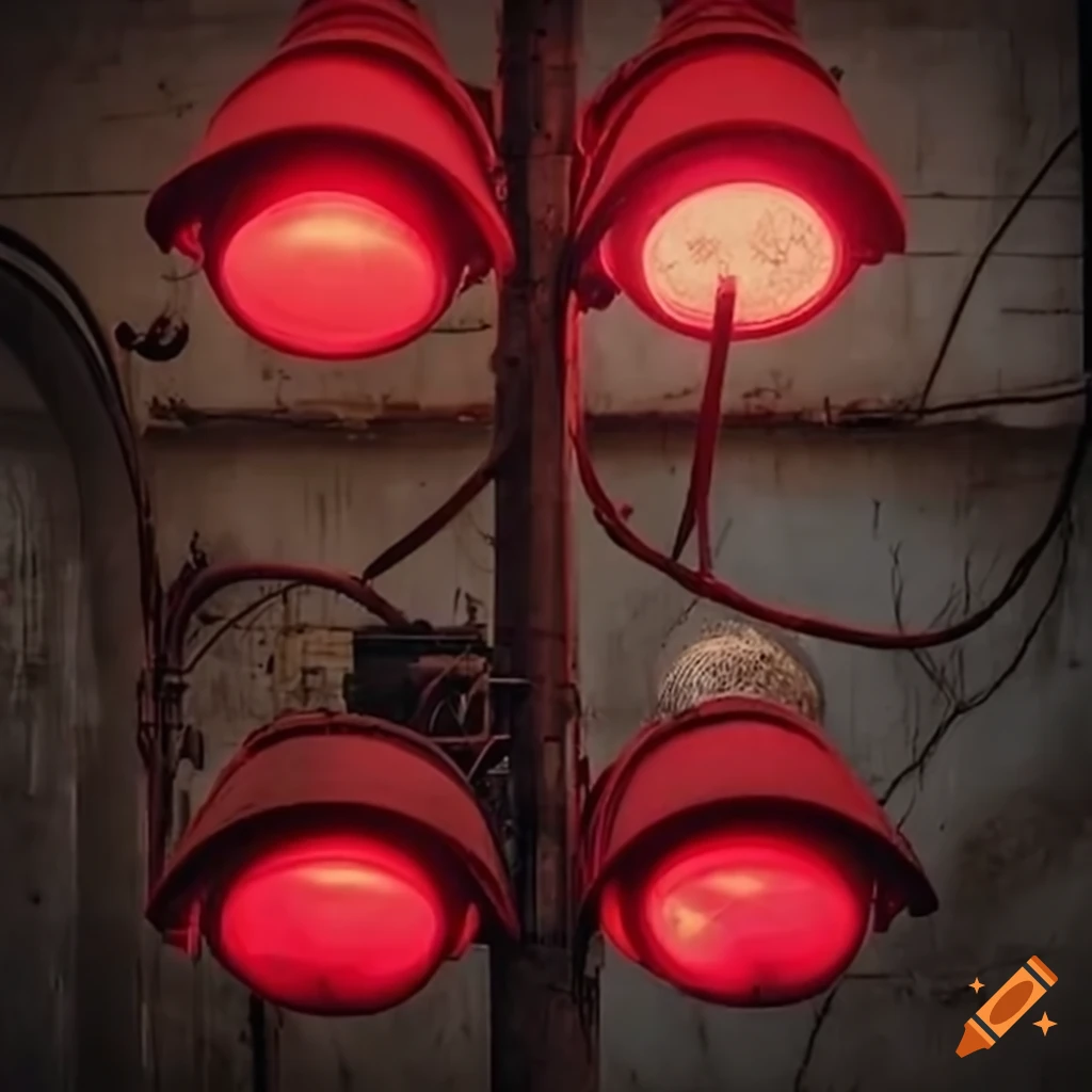 Eerie industrial setting with flickering red lights and loud sirens on ...