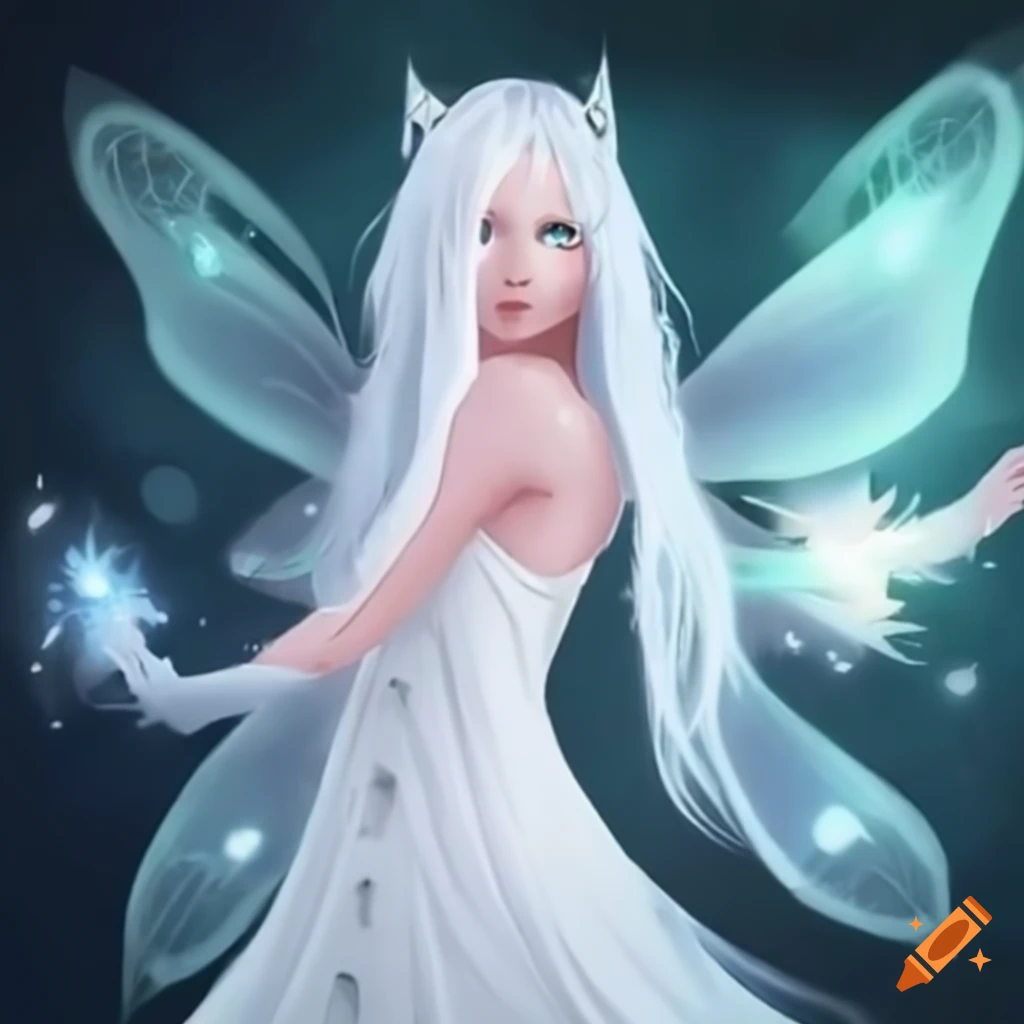 Radiant fairy with long white hair and powerful abilities smiling on ...