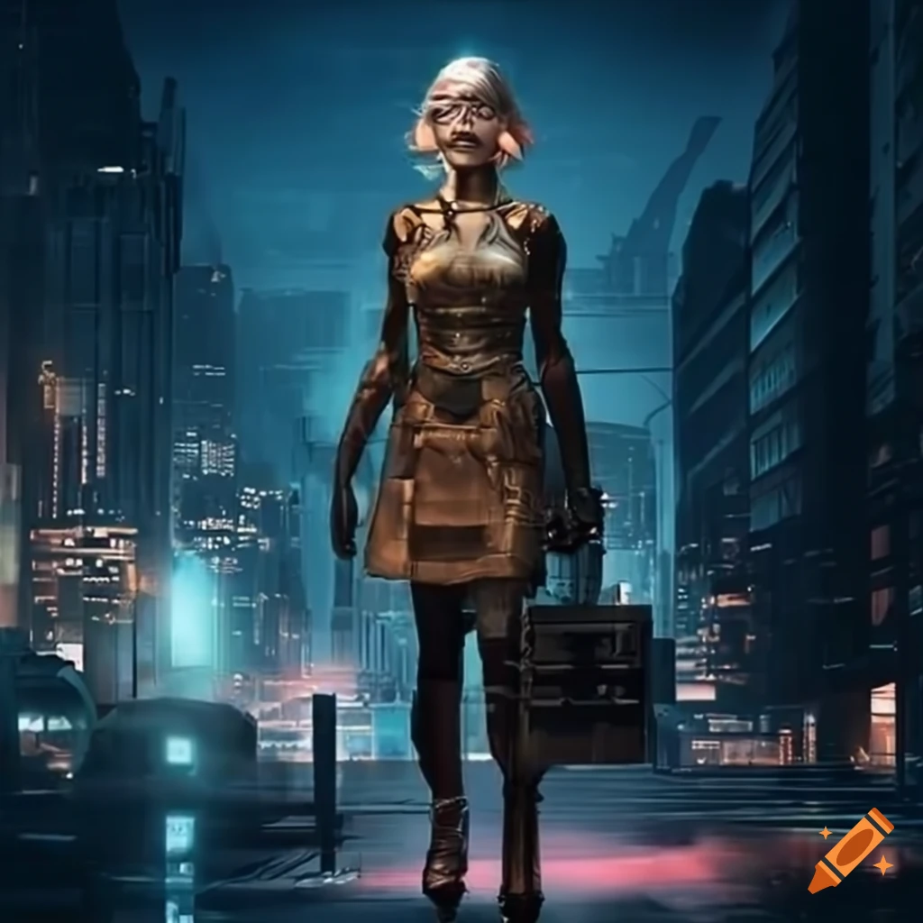 Clockwork mechanical woman walking in a sci-fi city on Craiyon
