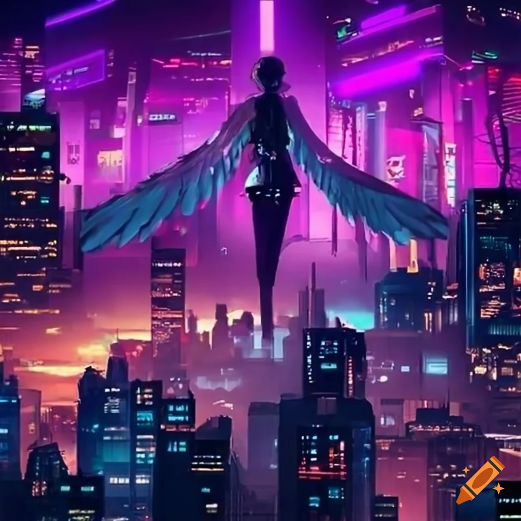 Angel overlooking a cyberpunk city on Craiyon