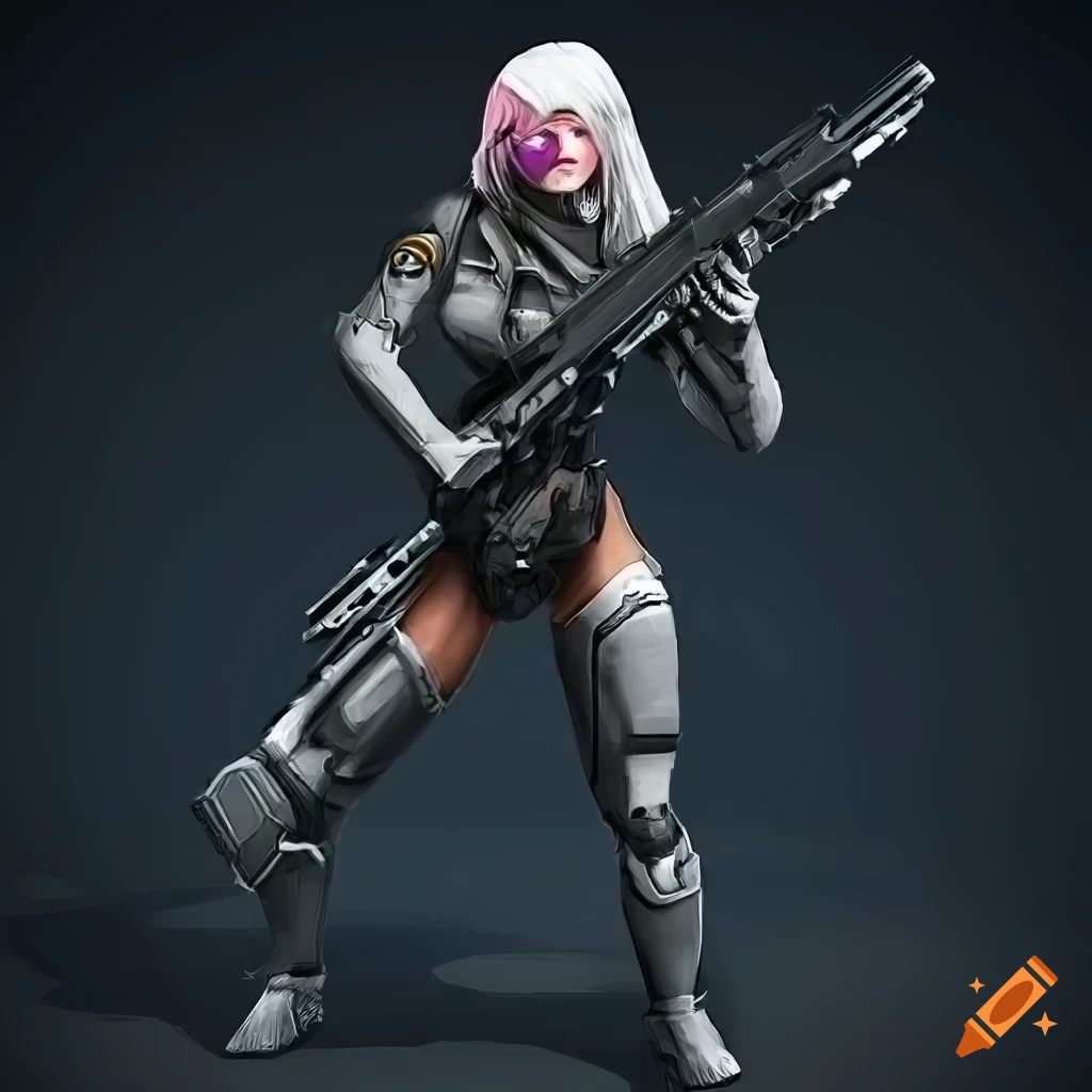 Futuristic female sci-fi sniper in full body gear on Craiyon