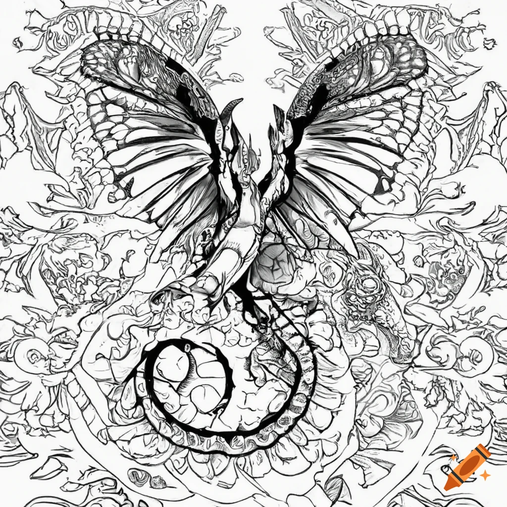 Mystical dragon with butterfly wings in a coloring page on Craiyon