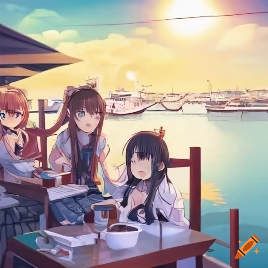 Cheerful anime girls studying and drinking tea at a harbor tearoom on ...