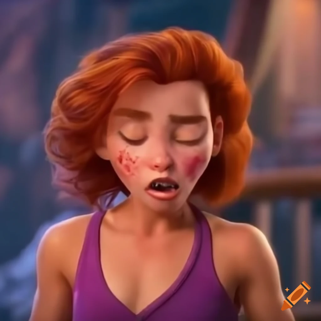 Disney martial fighter woman looking bruised and dizzied on Craiyon